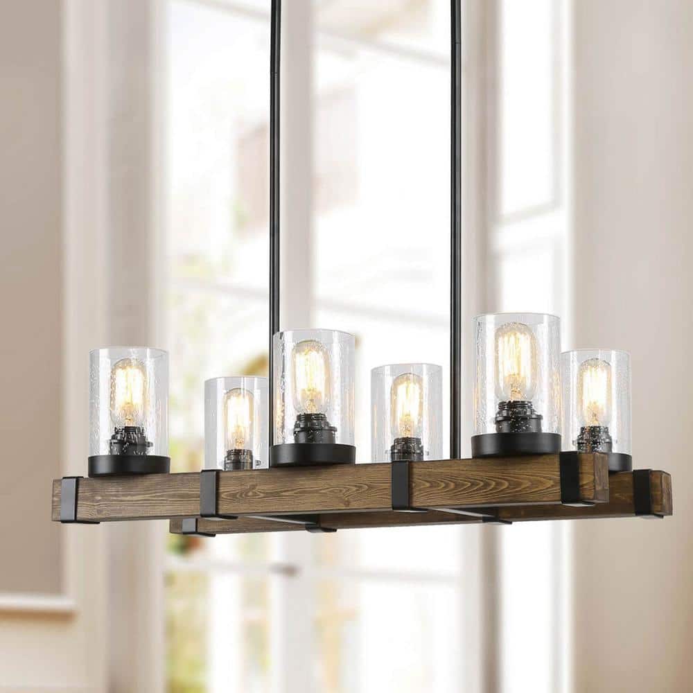 LNC Brown Island Chandelier 6-Light Linear Black Rectangular Farmhouse ...