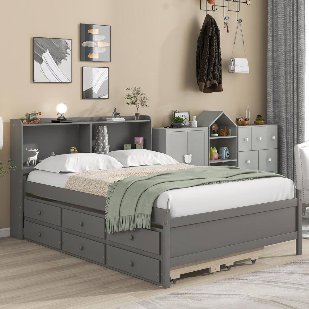 URTR Modern Gray Full Size Bed with Twin Size Trundle, Wooden Platform ...