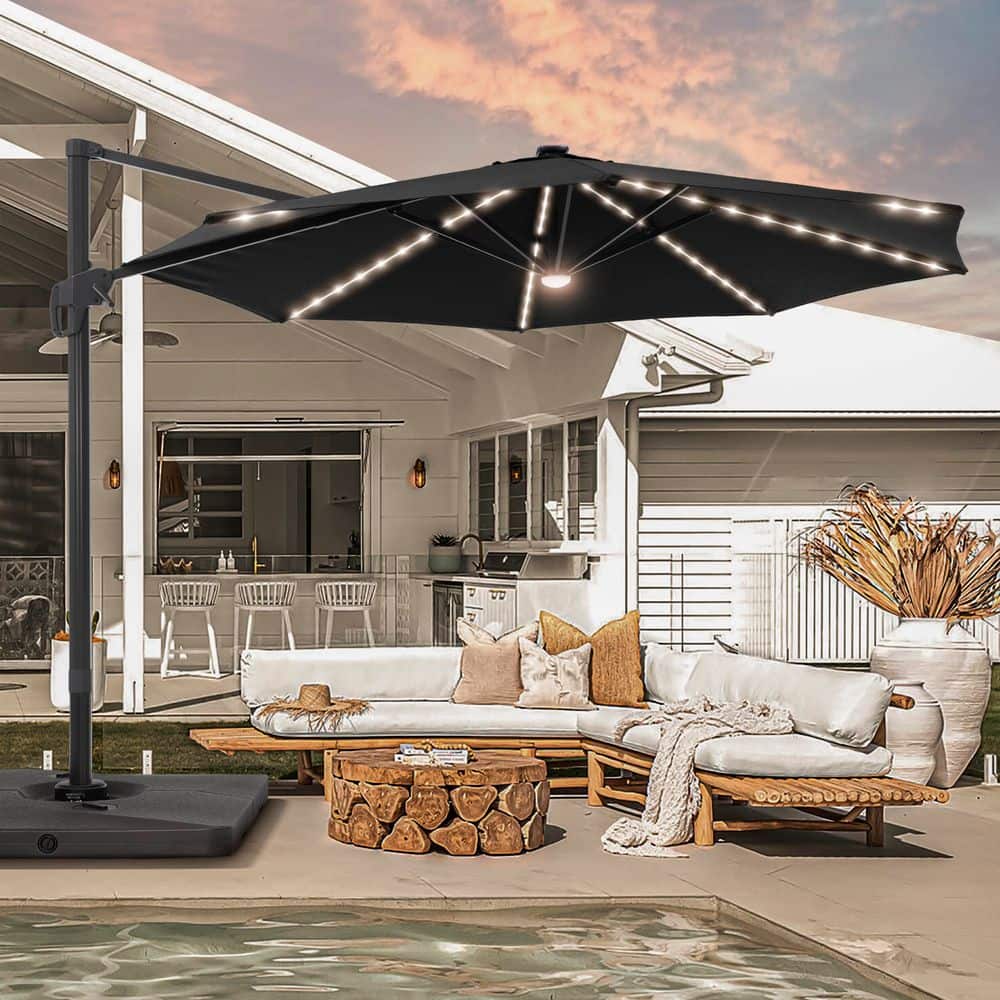 Sonkuki 11 ft. LED Outdoor Cantilever Patio Umbrella with a Base and ...