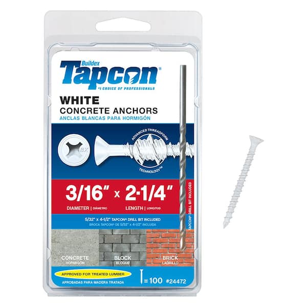 Tapcon 3/16 in. x 2-1/4 in. White Ultra Shield Phillips-Flat-Head Concrete Anchors (100-Pack ...