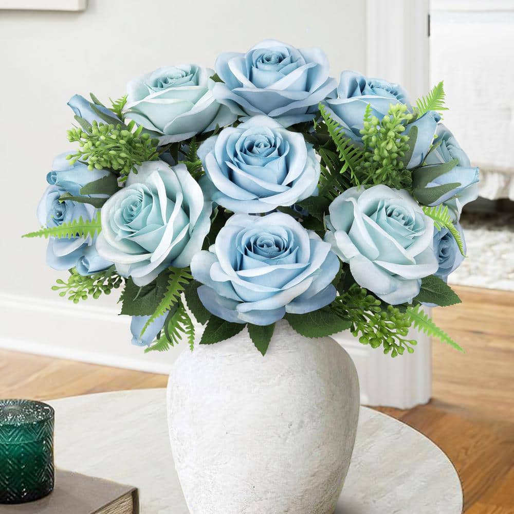 LIVING LUXURY 18 in. Blue Artificial Rose Flower Stem Bush Bouquet (Set ...