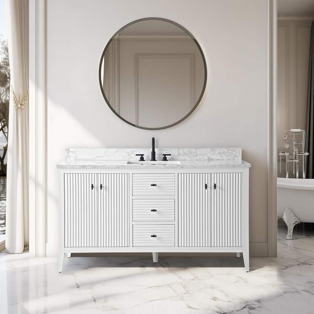 Vanity Art 60 in. W x 22 in D x 38 in. H Single Sink Bathroom Vanity Cabinet in Linear White ...