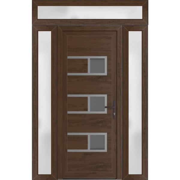 VDOMDOORS 64 in. x 94 in. Left-hand/Inswing Frosted Glass Walnut Steel ...