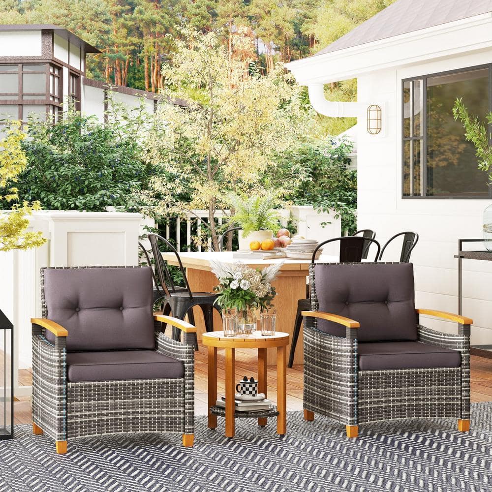 3-Piece Wood Wicker Outdoor Bistro Set with Gray Cushions, PE Wicker ...