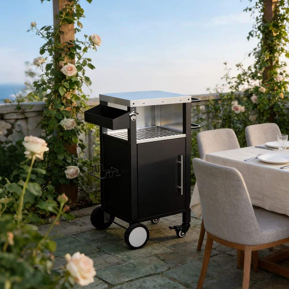 Black Stainless Steel Outdoor Serving Cart with Storage, Locking Wheels ...