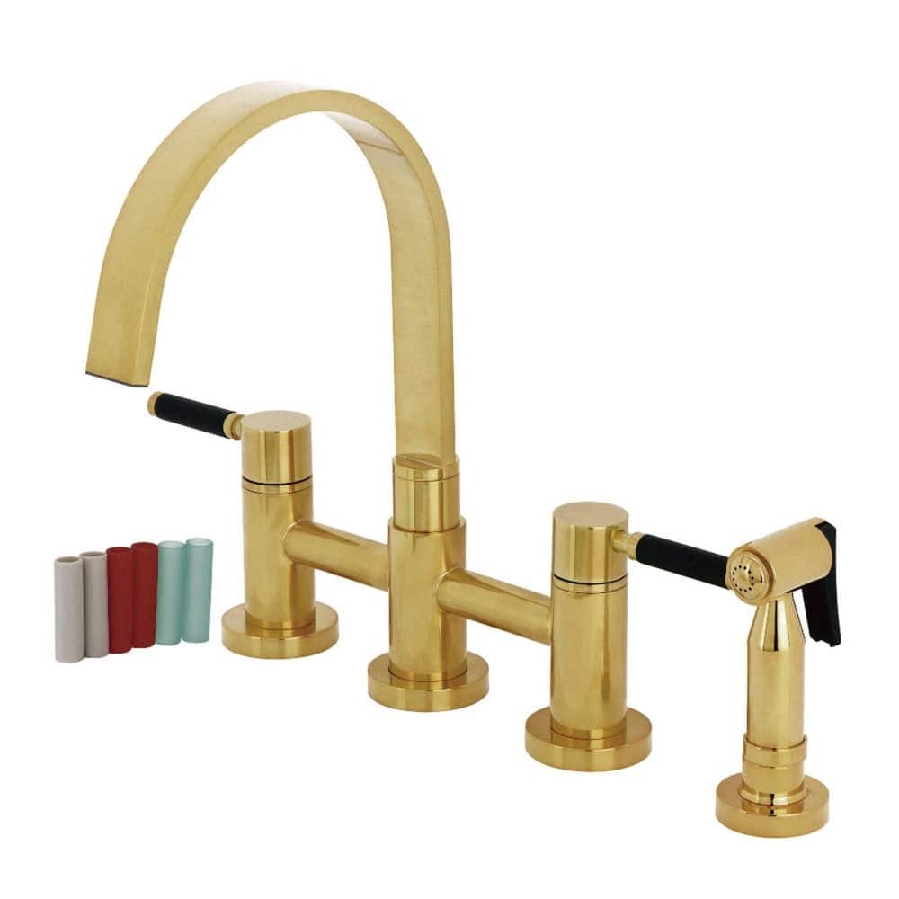 Kingston Brass Kaiser 2-Handle Bridge Kitchen Faucet in Brushed Brass ...