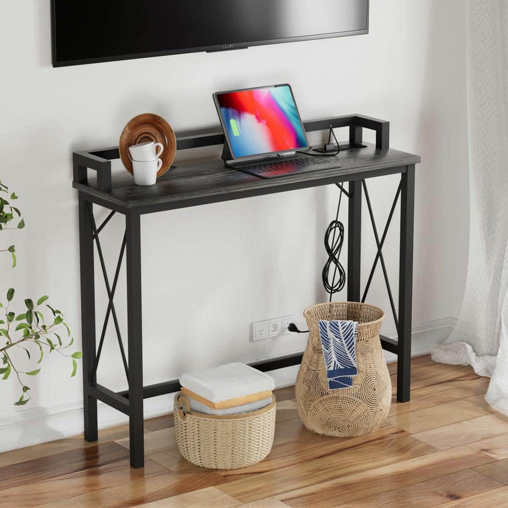 VECELO Narrow Charging Station 39.4 in. Gray Rectangle Wood Console ...