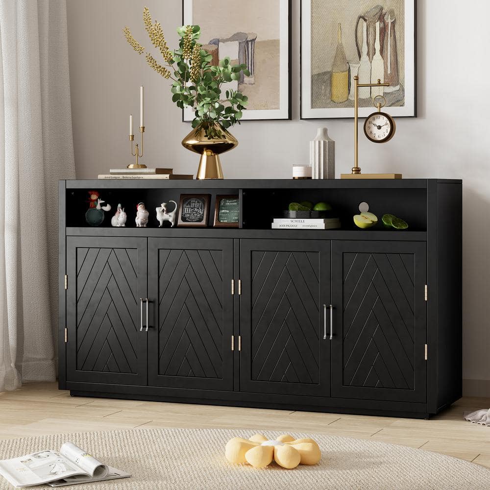 Harper & Bright Designs Black Classic 4-Door Wood 60 in. Sideboard with ...