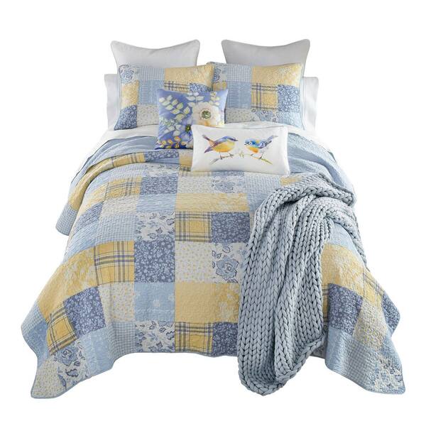 DONNA SHARP Spring Flowers 3-Piece Blue and Yellow Cotton Pieced Queen ...