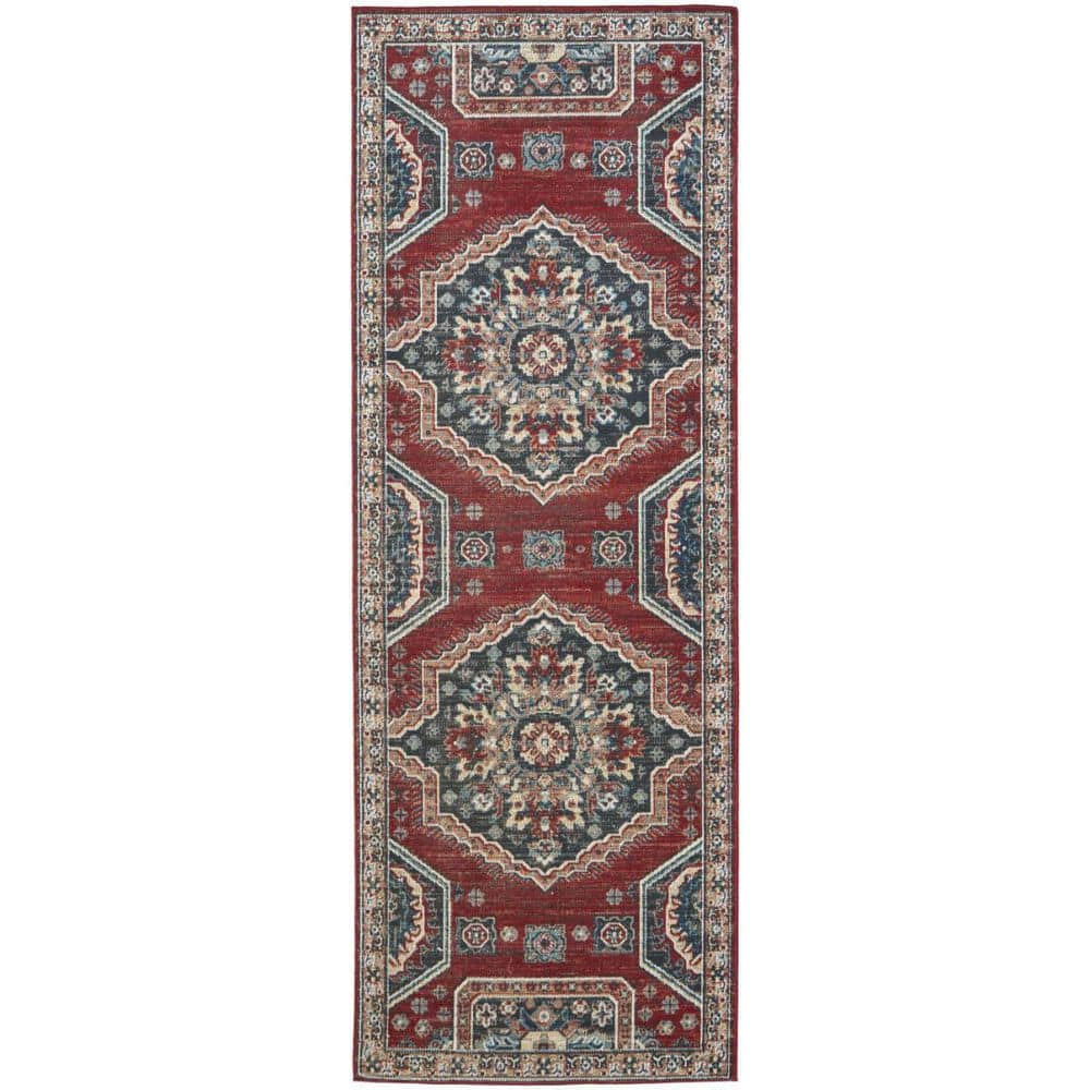 HomeRoots Red, Gray 3 ft. x 8 ft. Abstract Area Runner 2000514678 - The ...