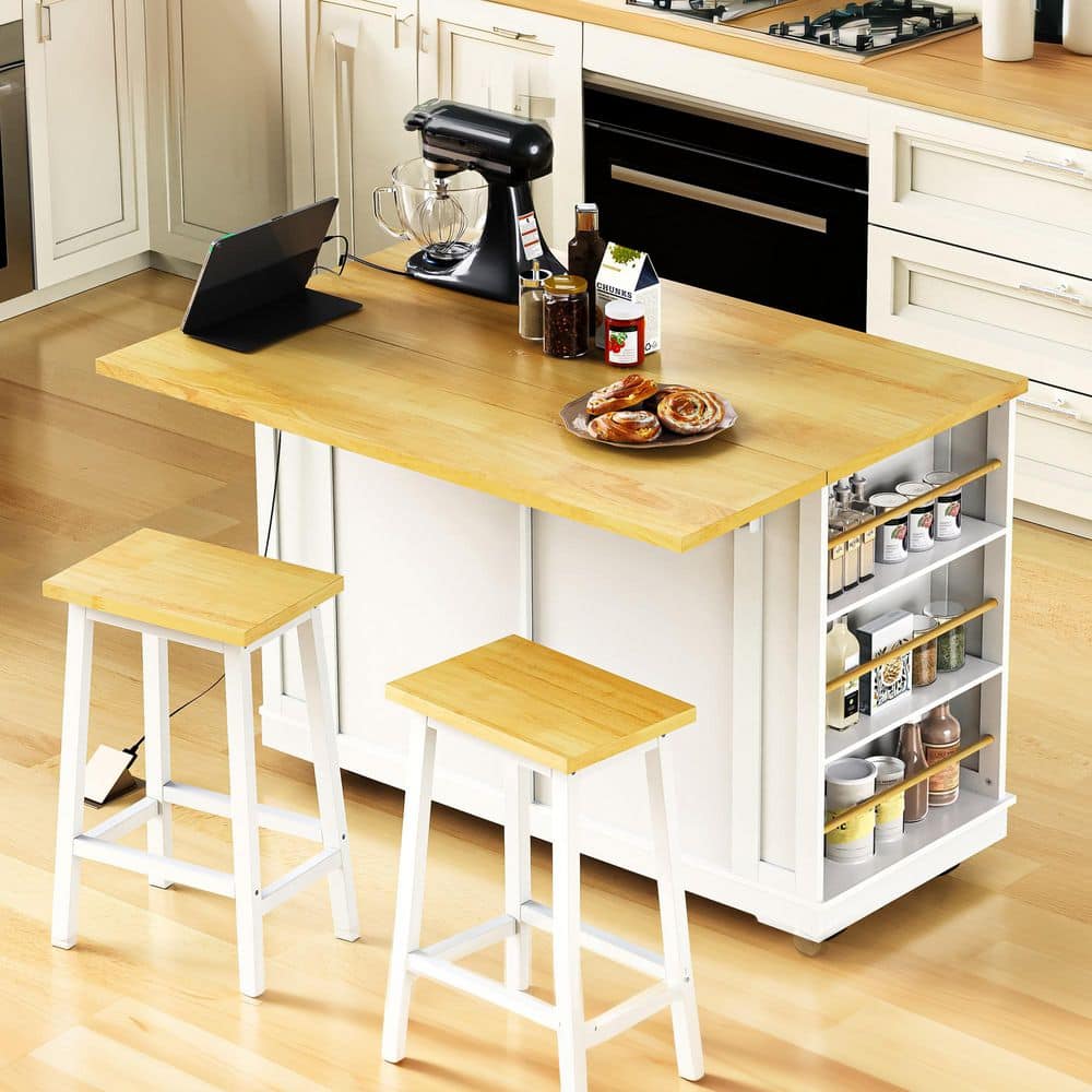 Ximuprmy White Wood 48 in. Kitchen Island with 2 Bar Stools, Drop Leaf ...