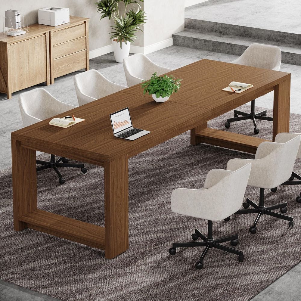 BYBLIGHT 86 in. Rectangular Walnut-Color Wood Computer Desk Double Desk ...