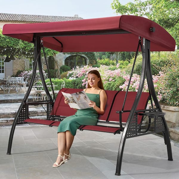 3-Person Square Tube Metal Red Patio Swing Adjustable Canopy for ...