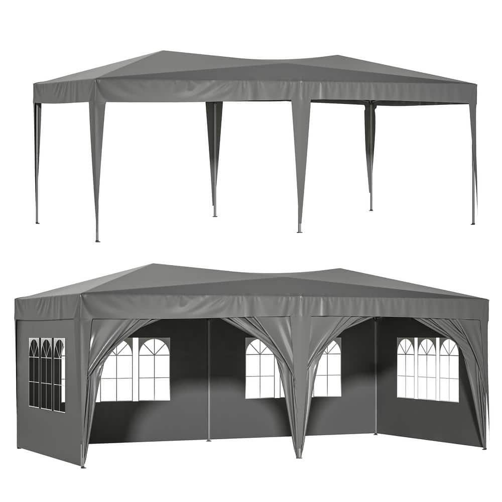 10 ft. x 20 ft. Grey Pop-Up Canopy Outdoor Portable Party Folding Tent with Carry Bag and 6 ...