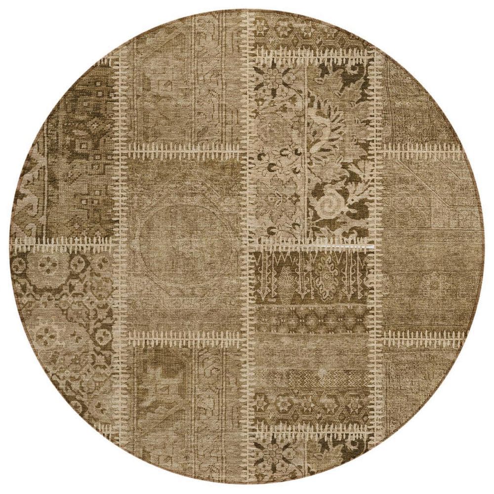HomeRoots Brown, Beige 8 ft. Round Woven Plaid Polyester Round Indoor ...