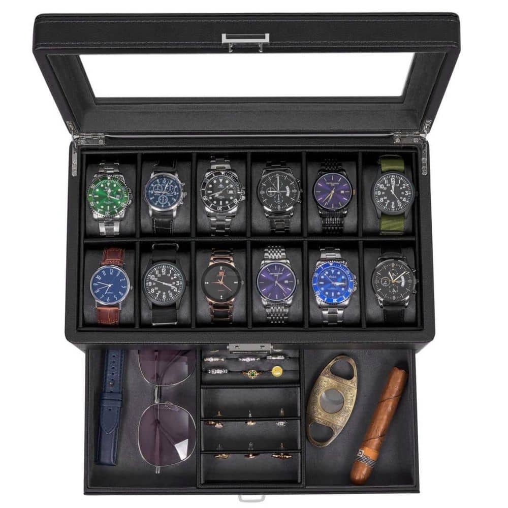 12-Slot Leather Watch Box with Valet Drawer, Glass Top and Metal Hinge ...