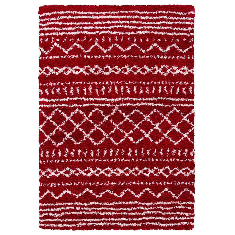 SAFAVIEH Arizona Shag 5 ft. x 8 ft. Red/Ivory Geometric Lodge Area Rug ...
