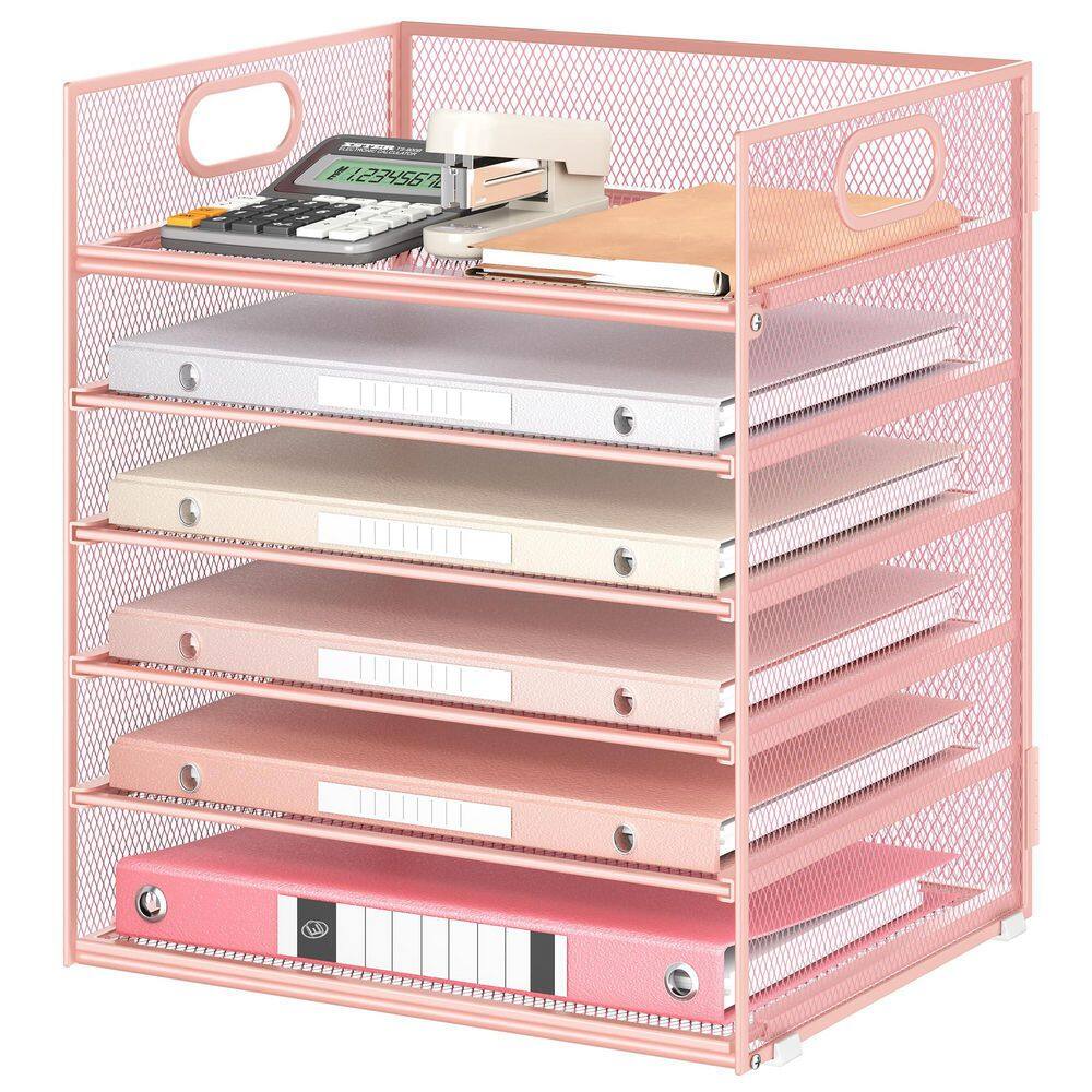 12.6 in x 13.5 in Pink Metal 6 Tiers Letter Tray Paper Organizer with ...