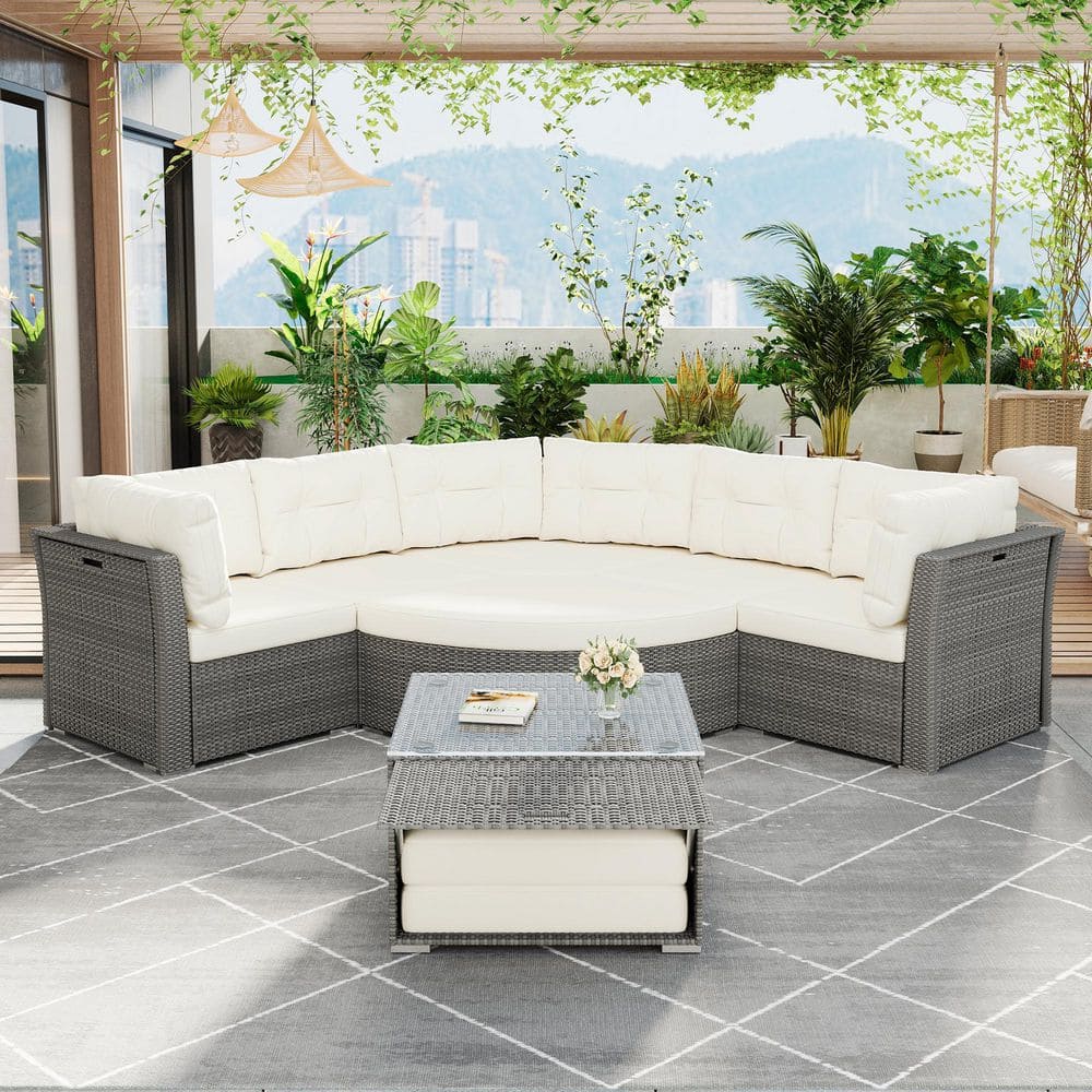 6-Piece Wicker Outdoor Patio Scallop Sectional Sofa Furniture Set with ...