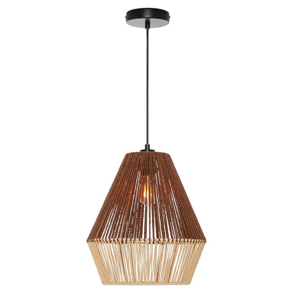 River of Goods Elora 13 in. 1-Light Black Pendant with Open Weave Brown ...