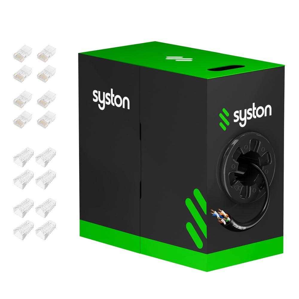 SYSTON CABLE TECHNOLOGY 500 ft. Black 24AWG Solid Copper Cat 5E CMR ...