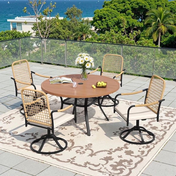 vicllax 5-Piece Metal Outdoor Dining Set with 40.6 in. Walnut Round ...