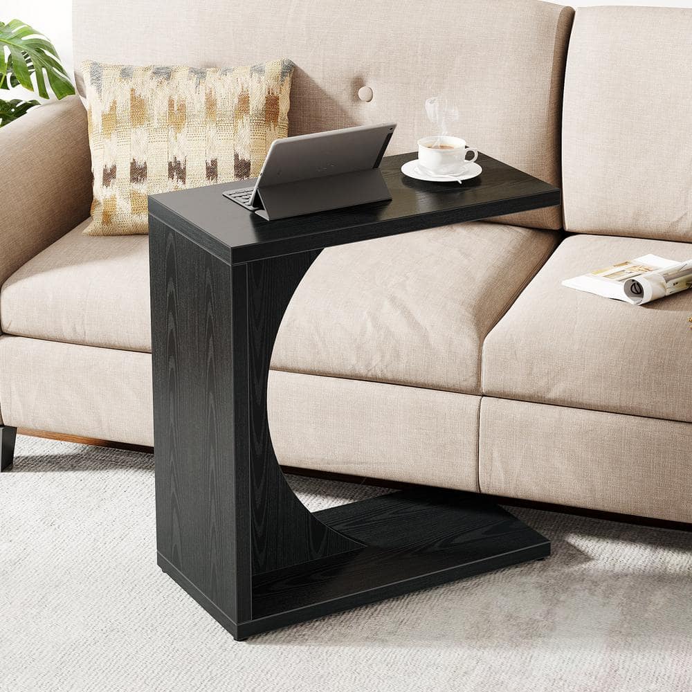 BYBLIGHT Kerlin 23.62 in. Black C-Shaped Engineered Wood End Table ...