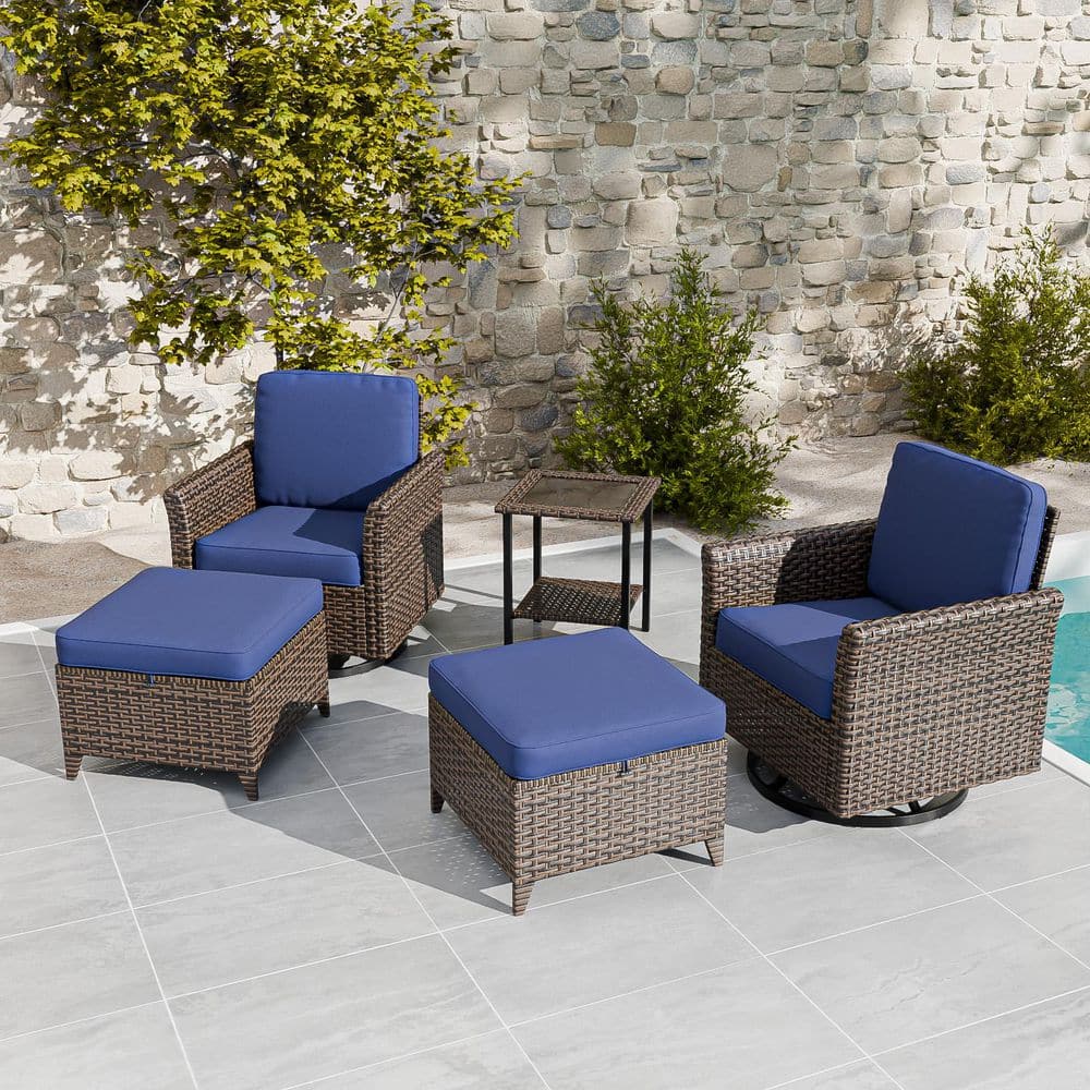 COOS BAY Brown Rattan Wicker 5-piece Outdoor Patio Conversation Set with blue Cushions, Side ...