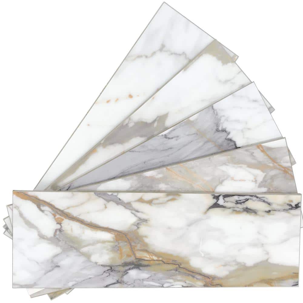 sunwings Subway Gold Marble 12 in. x 4 in. Stone Composite Peel and ...