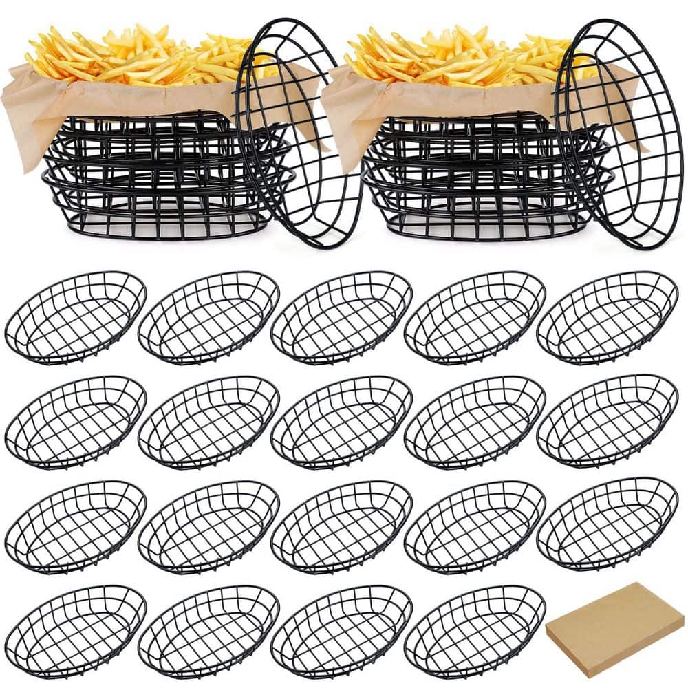Wudkey 24-Piece Black Metal Bread Baskets with 100 Sheets Deli Wrappers ...