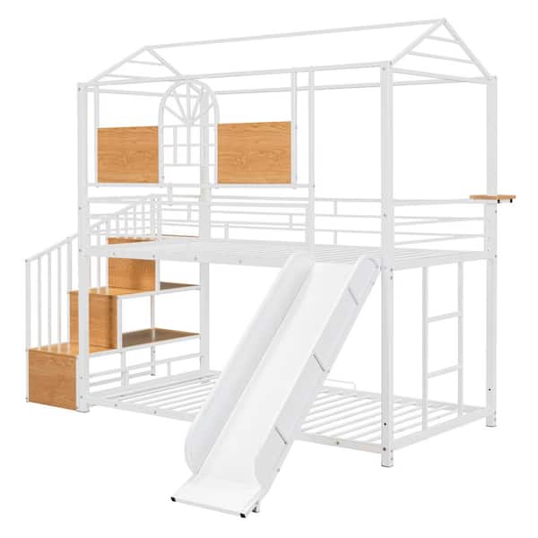 Polibi White Twin Over Twin Metal Bunk Bed, Metal Housebed with Slide ...
