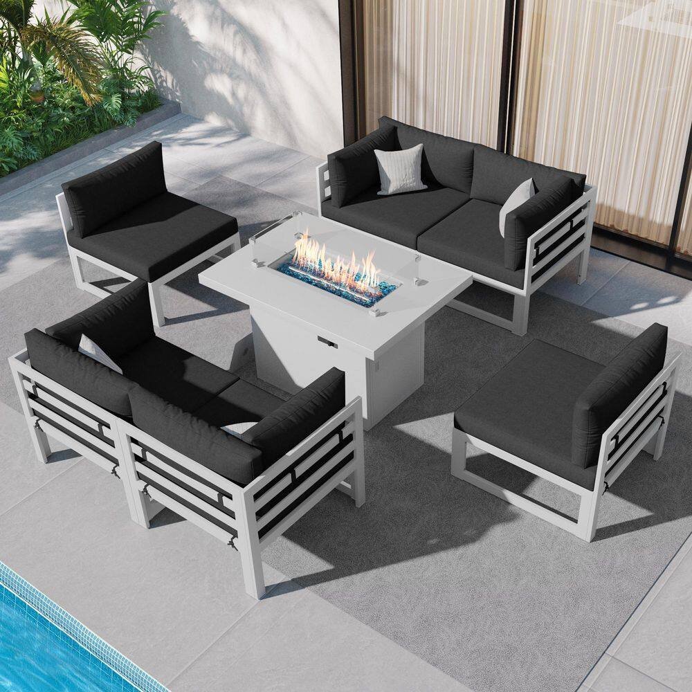 Outdoor 7-Piece White Aluminum Patio Conversation Set Fire Pit Patio Set with Aluminum Fire Pit ...