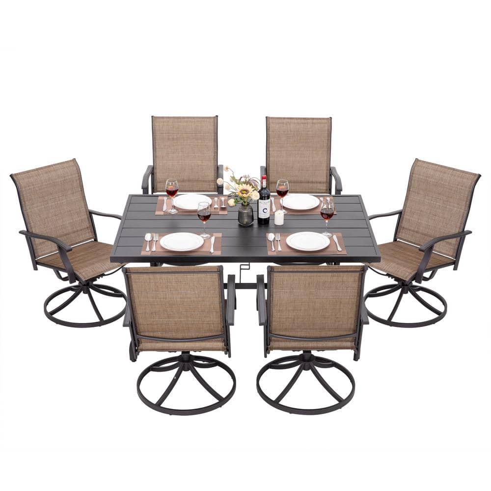 Nuu Garden Brown 7-Piece Textilene and Iron Metal Outdoor Dining Set, 6-Swivel Chairs and ...