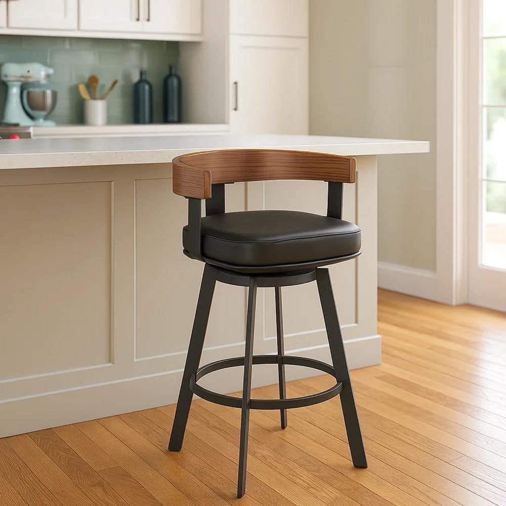 Benjara Idri 37 in. H Vintage Black and Walnut Brown Metal Bar Stool ...