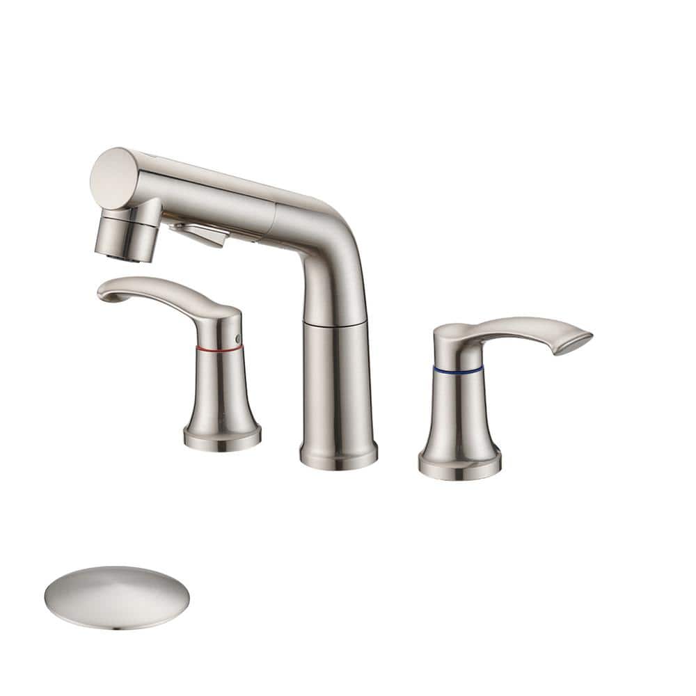 YASINU 8 in. Widespread 2-Handles Pull Out Bathroom Faucet with Pop-Up Drain Kit in Brushed ...