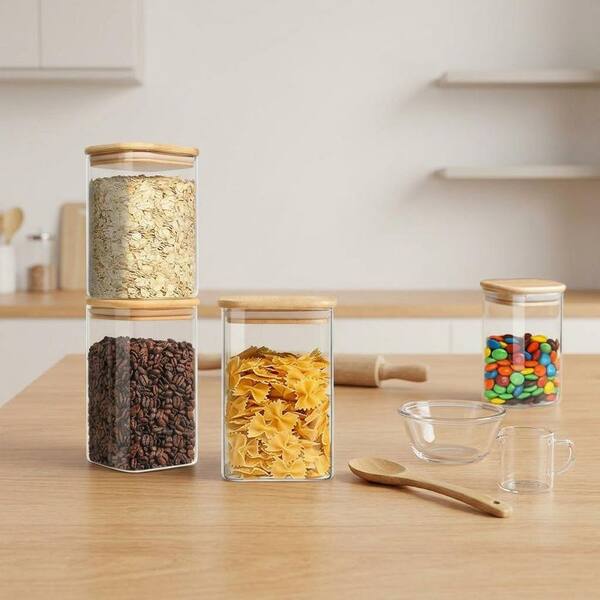 Anqtovp 4-Piece Glass Storage Container Set with Airtight Bamboo Lids ...