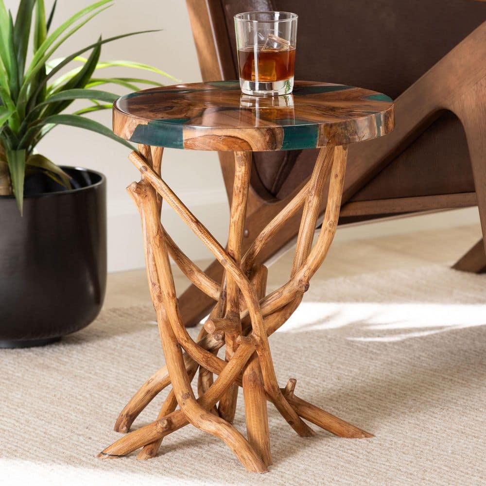 bali & pari Amada 13.8 in. Green Round Resin and Natural Teak Wood End ...