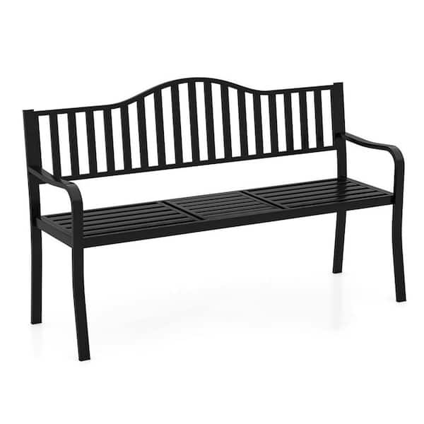 60 in. Black Metal Outdoor Garden Park Bench with Pull-Out Center Table ...