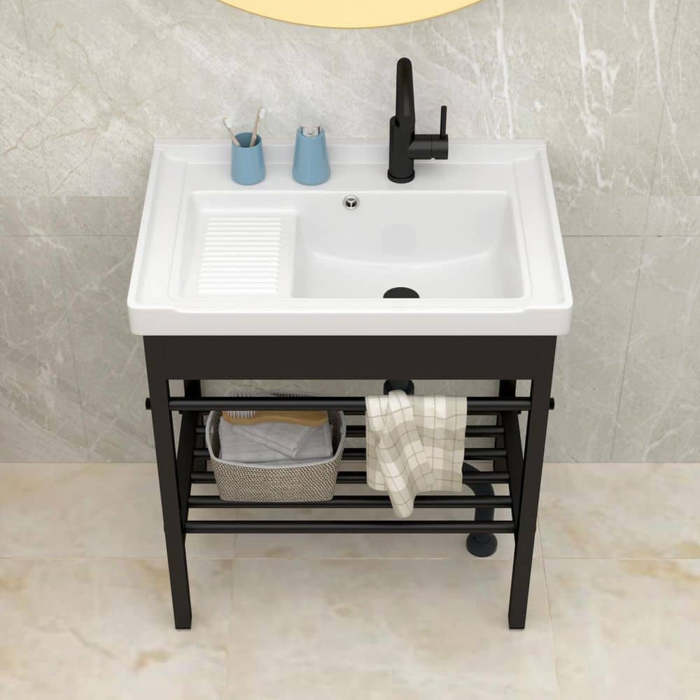 LORDEAR 32 in. Rectangular Ceramic White Bathroom Console Sink with ...