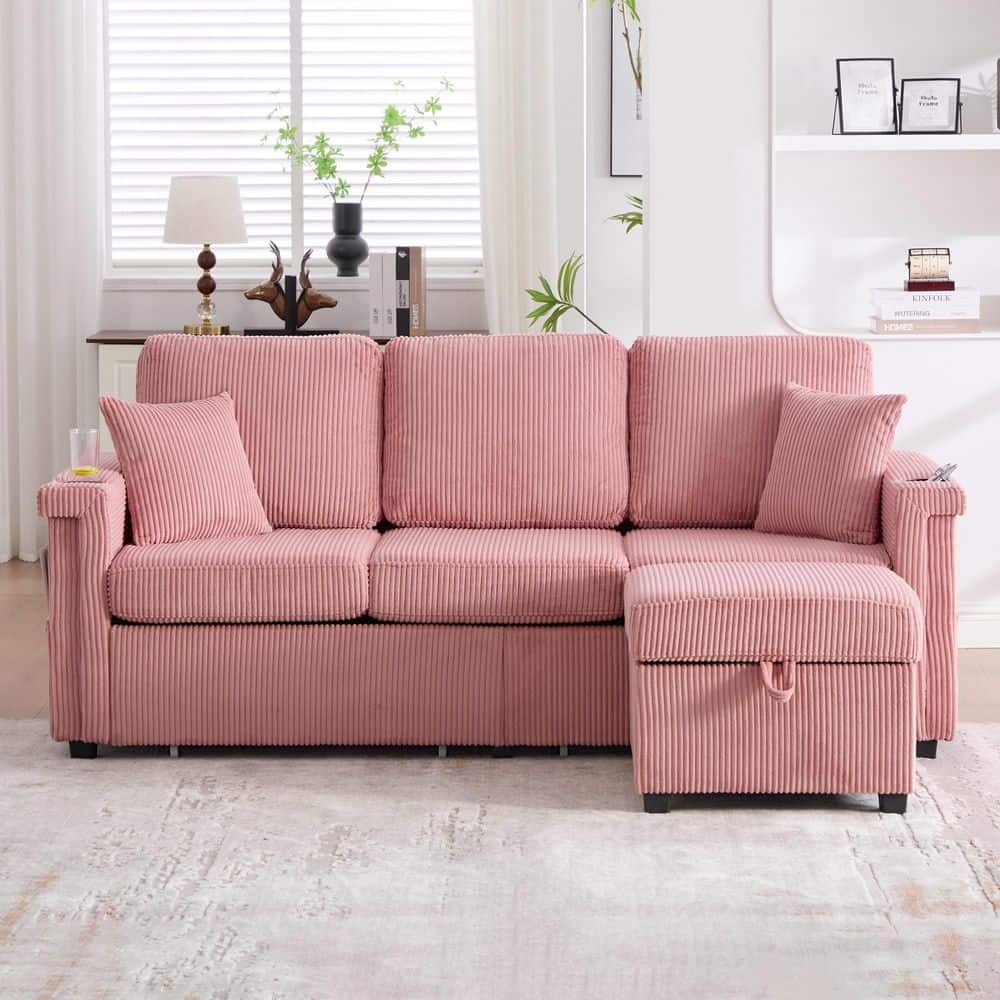 Noble House Elena 76.38 in. Corduroy L-Shaped Sectional Sofa in. Pink ...