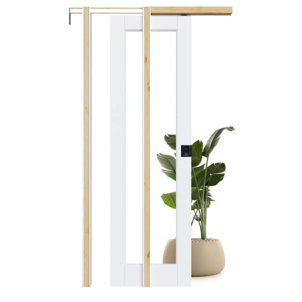 ARK DESIGN 24 in. x 80 in. 1-Lite Clear Glass White Primed MDF Pocket ...