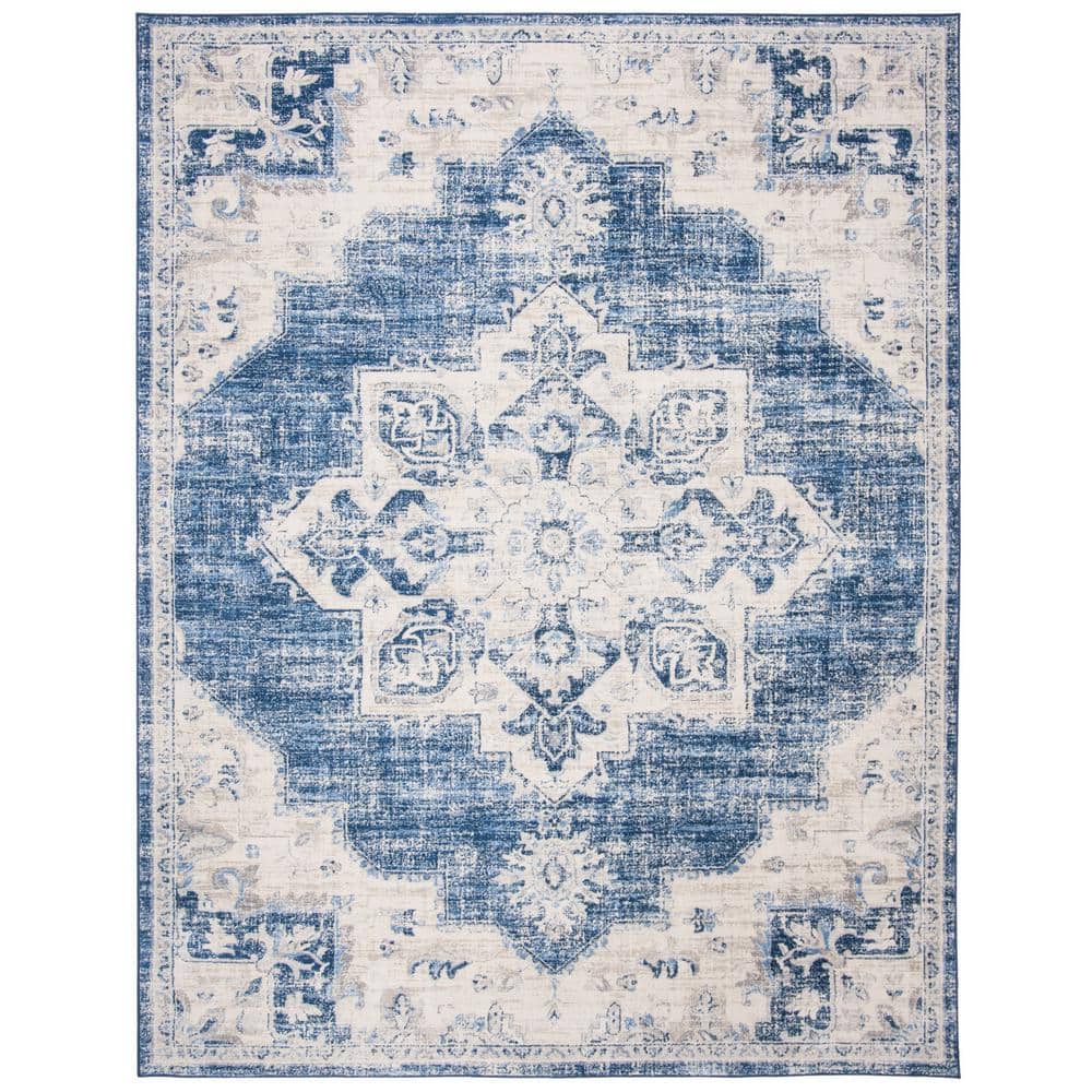 SAFAVIEH Brentwood Ivory/Navy 11 ft. x 15 ft. Floral Medallion Border ...