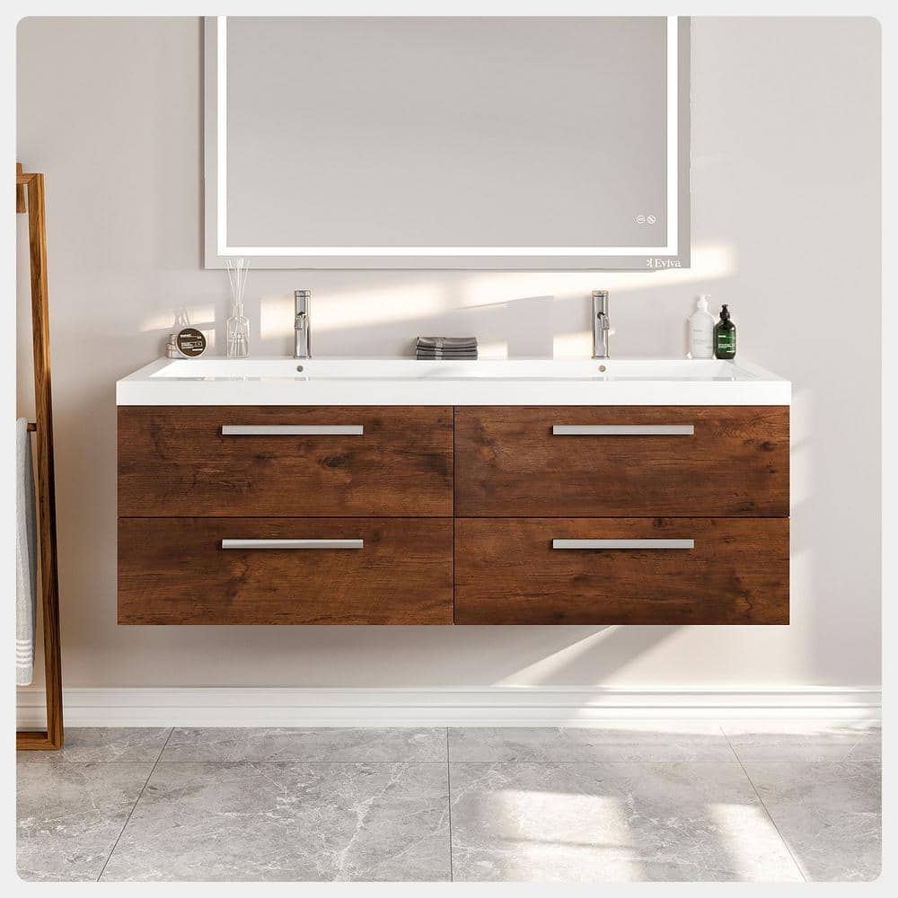 Eviva Surf 57 in. Double Sink Floating Rosewood Bath Vanity with White ...