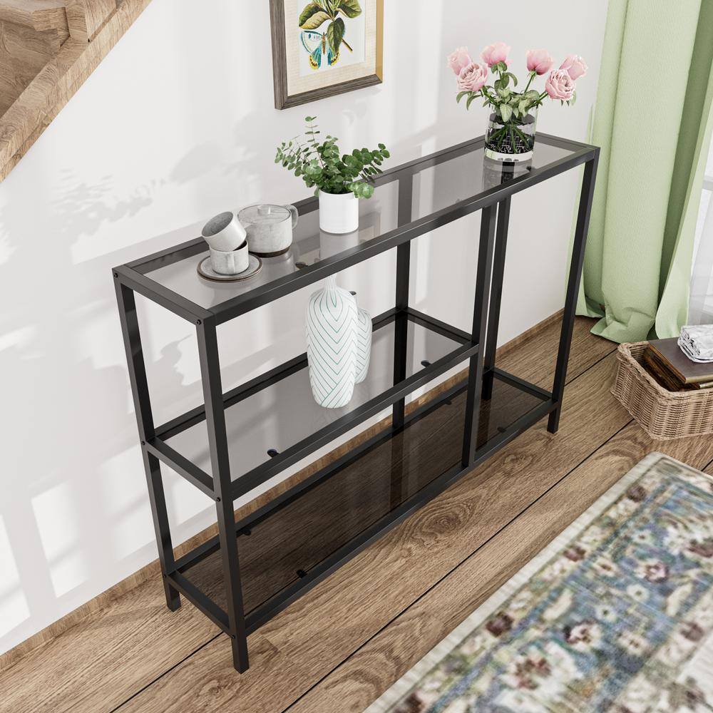 40 in. Black Rectangle Glass Console Table Entryway Table with Glass ...