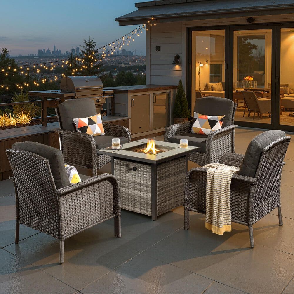 XIZZI Citrus 5 Pieces Wicker Outdoor Patio Square Fire Pit Set and ...
