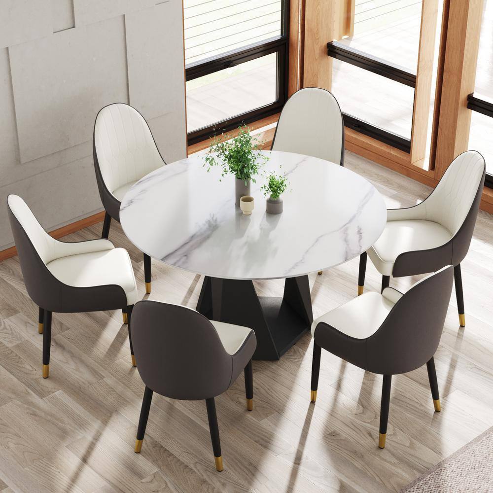 Magic Home 53 in. White Round Sintered Stone Tabletop Black Pedestal ...
