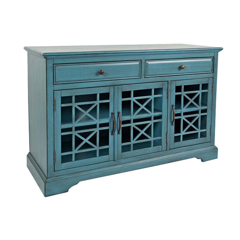 Benjara 50 in. W Blue Wooden Entertainment Center with 2-Drawers and 3 ...