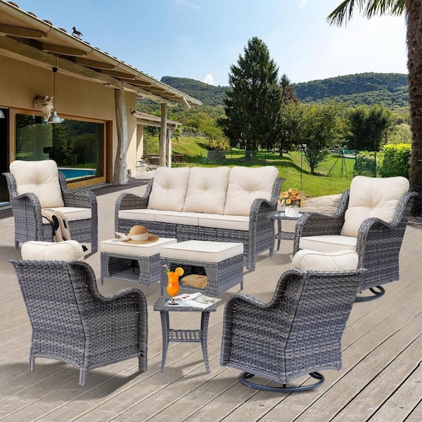 DWIOM Gary 9-Piece Wicker Outdoor Furniture Set Armrchairs Sofa Swivel ...