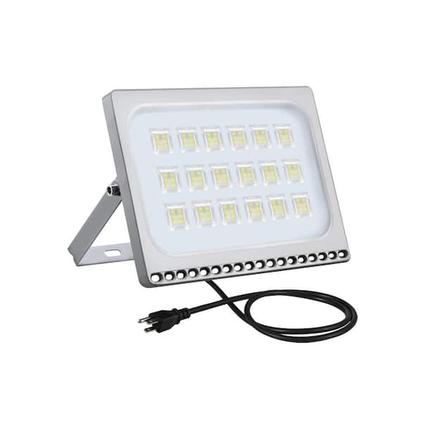 100-Watt White Integrated LED Outdoor Thin Flood Light with Plug MH0156 ...
