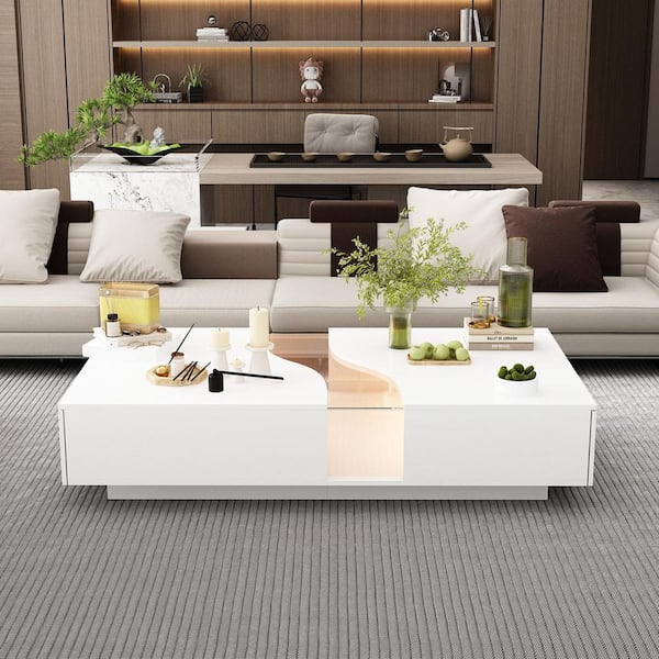 FUFU&GAGA 55.1 in. W White Rectangle Wooden Coffee Table, Side Table ...